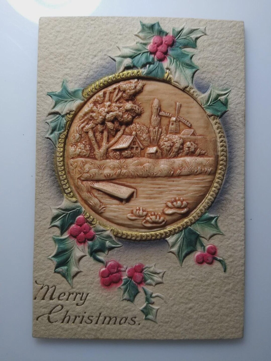 Vintage Thick Embossed Merry Christmas Postcard With Windmill Scene ...