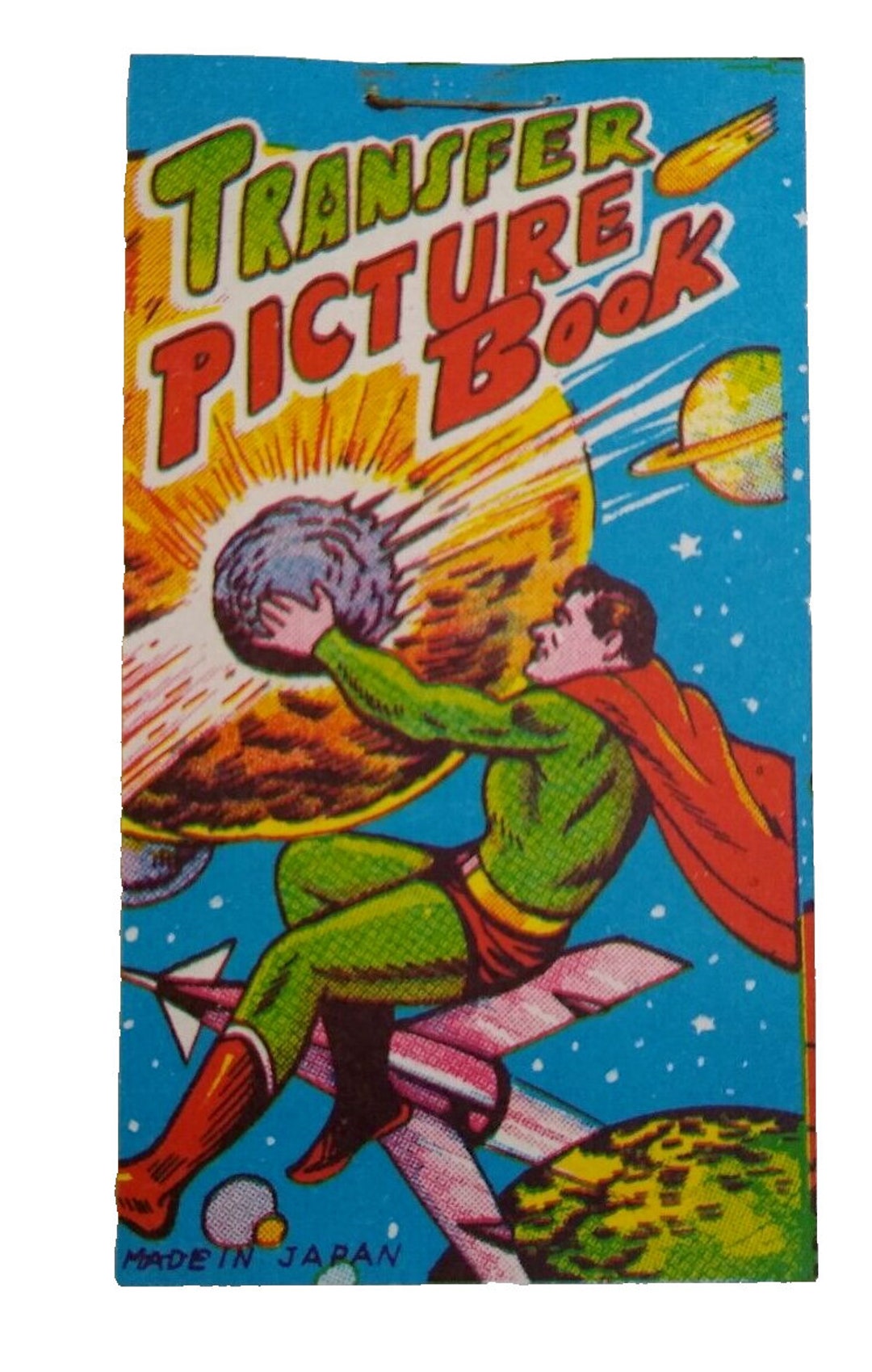 1950s Transfer Picture Book Superhero Caped Man Riding Rocket Catches ...