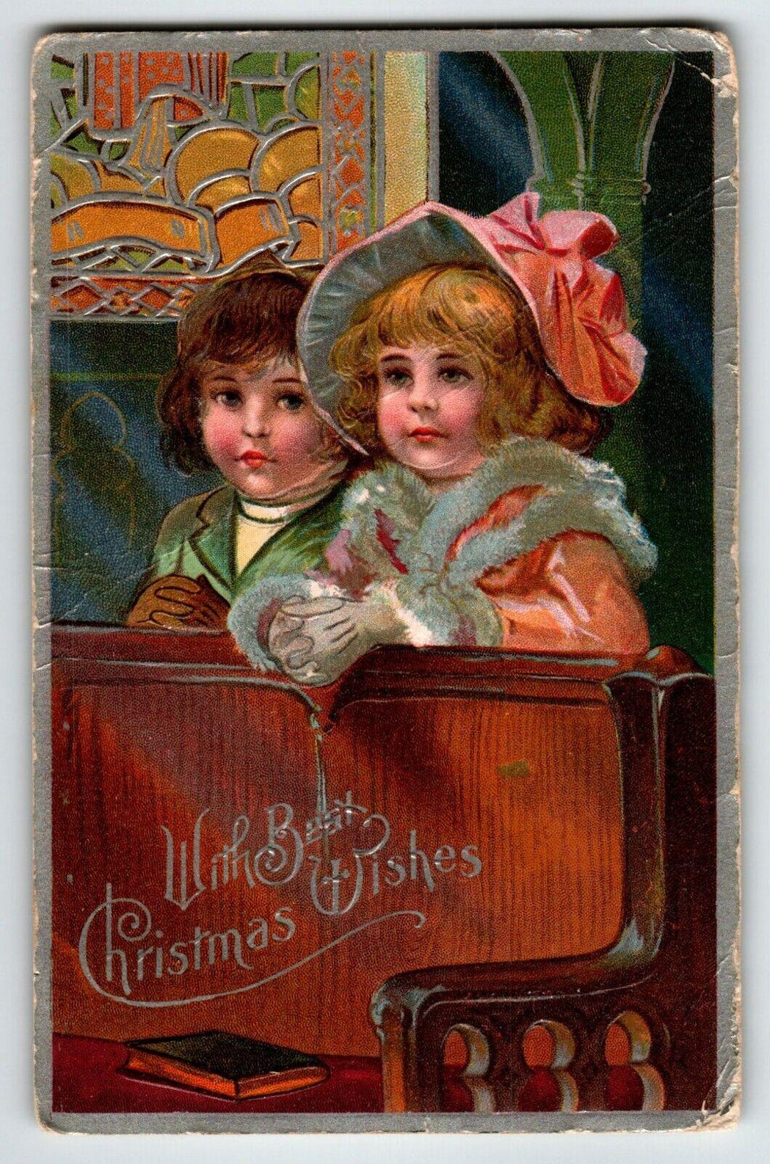 Christmas Postcard Victorian Boy and Girl Seated on Church Pews ...