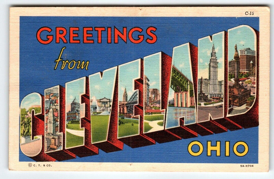 Greetings From Cleveland Ohio Large Big Letter Linen Postcard Curt ...