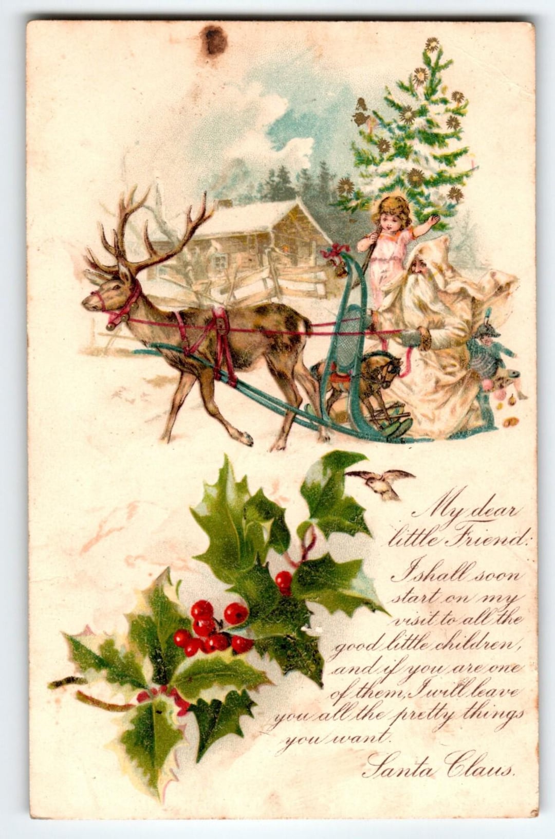 Antique Santa Claus Tan Coat Christmas Postcard Reindeer Girl Sleigh ...