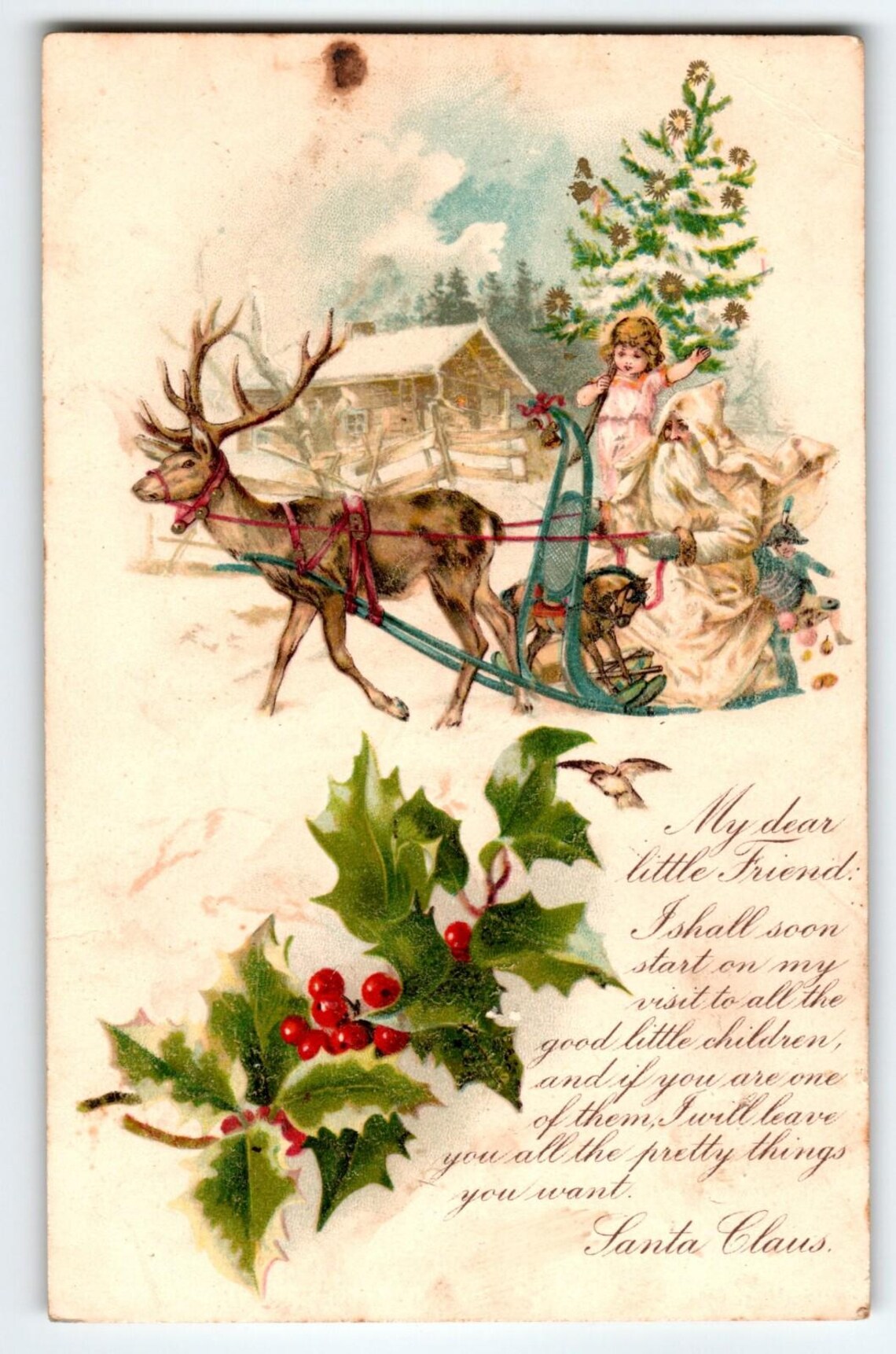 Antique Santa Claus Tan Coat Christmas Postcard Reindeer Girl Sleigh ...