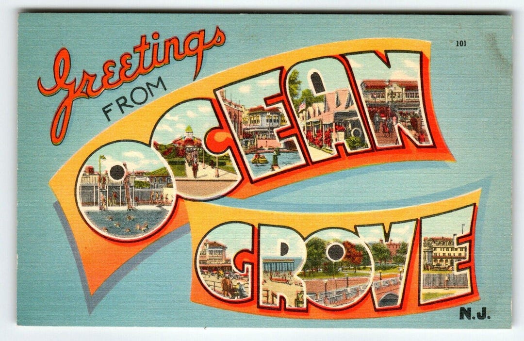 Greetings From Ocean Grove New Jersey Linen Large Letter Postcard Beach ...