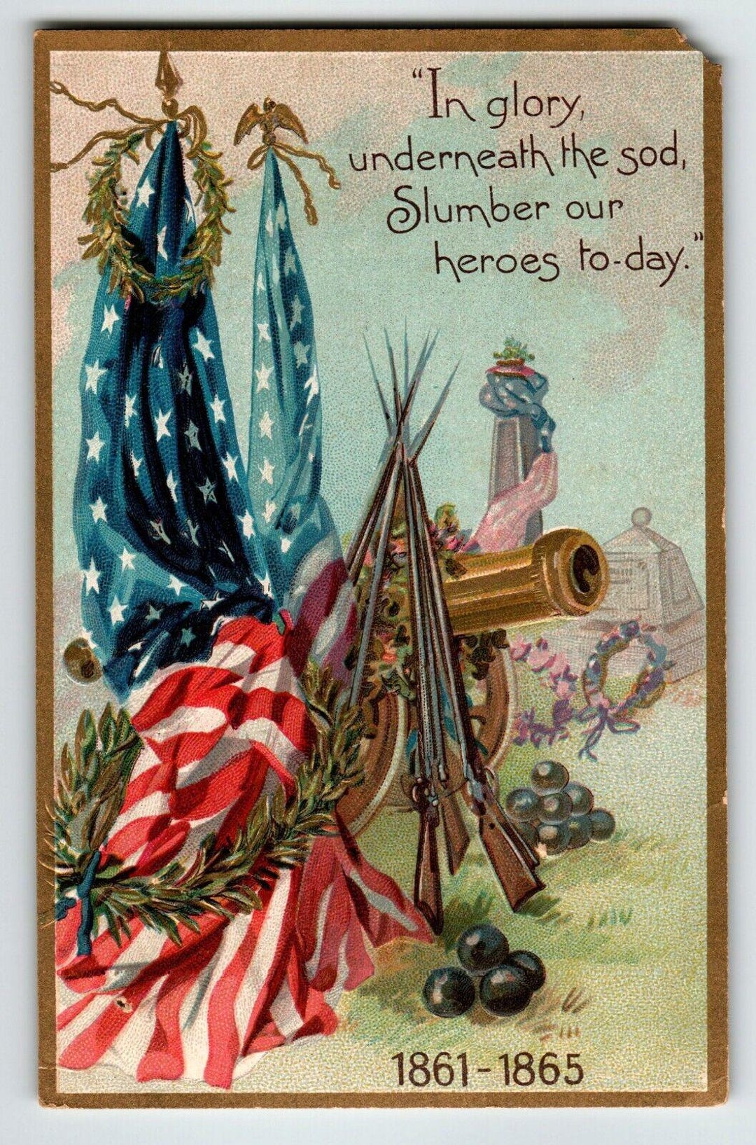 Memorial Decoration Day Postcard Flag Cannon Balls Rifles Grave Wreath ...