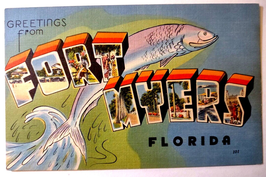 Greetings From Fort Myers Florida Large Letter Linen Postcard Tichnor ...