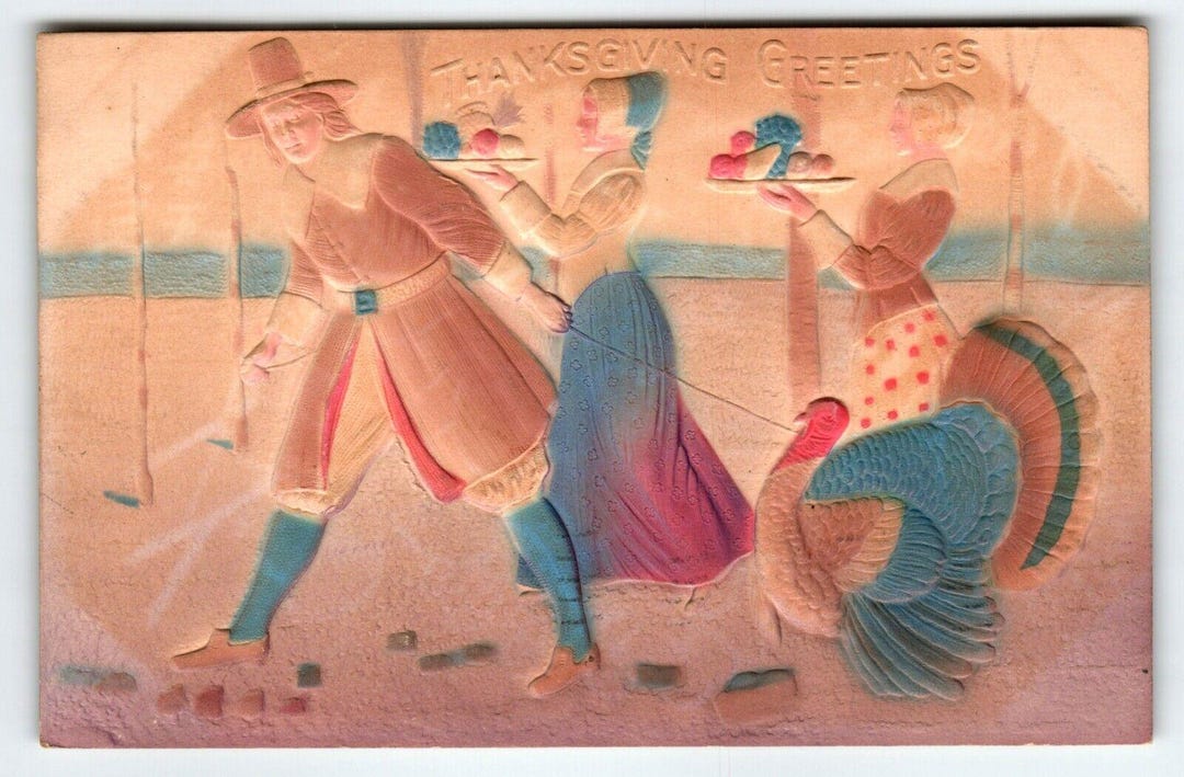 Vintage 1910 Thanksgiving Postcard: Pilgrim Family and Turkey - Etsy