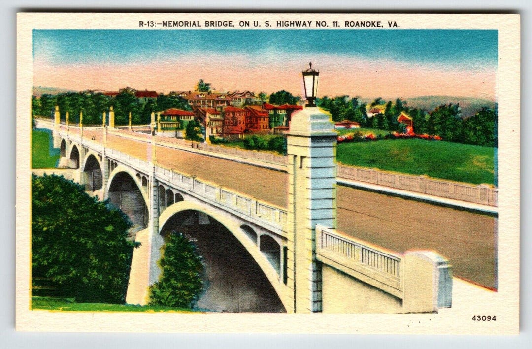 Memorial Bridge on US Highway No 11 Roanoke Virginia Postcard Linen ...