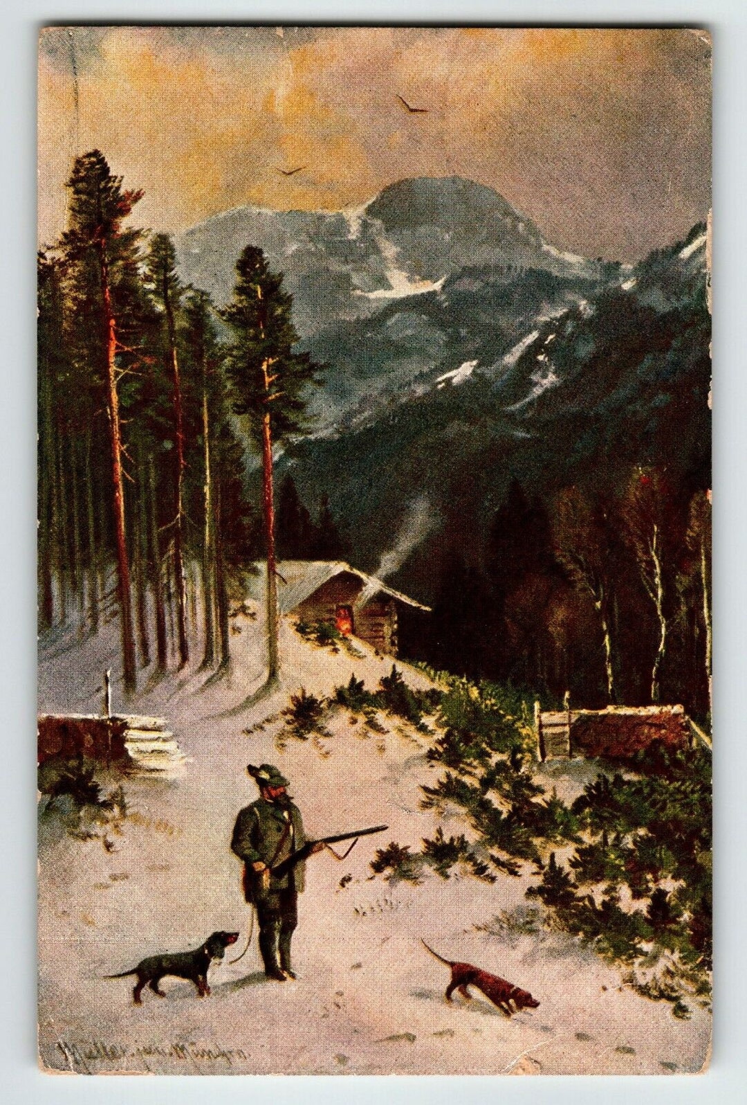 Postcard Cows Hunter Rifle Hunting Dogs Rustic Woods Cabin Mountains ...