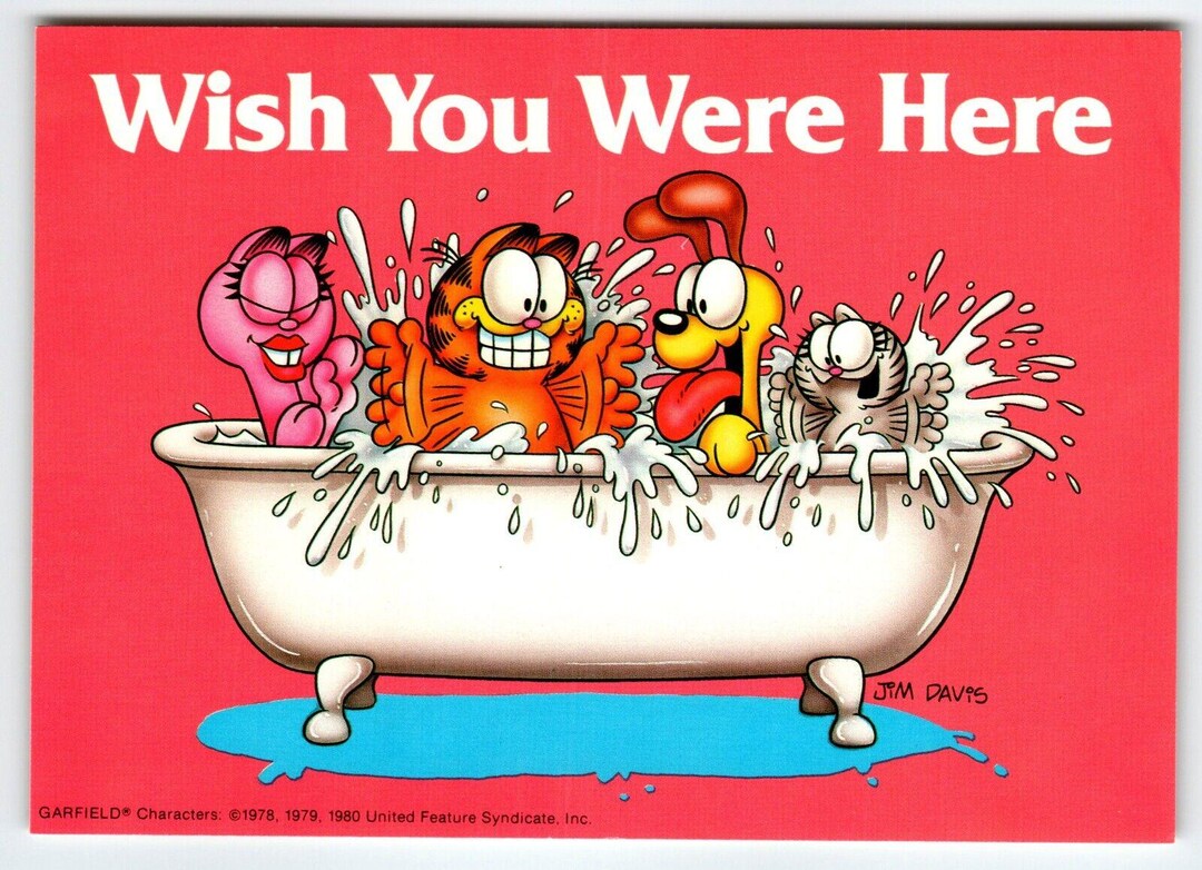 Garfield Cat Postcard Wish You Were Here Bath Time Jim Davis 1978 Odie ...