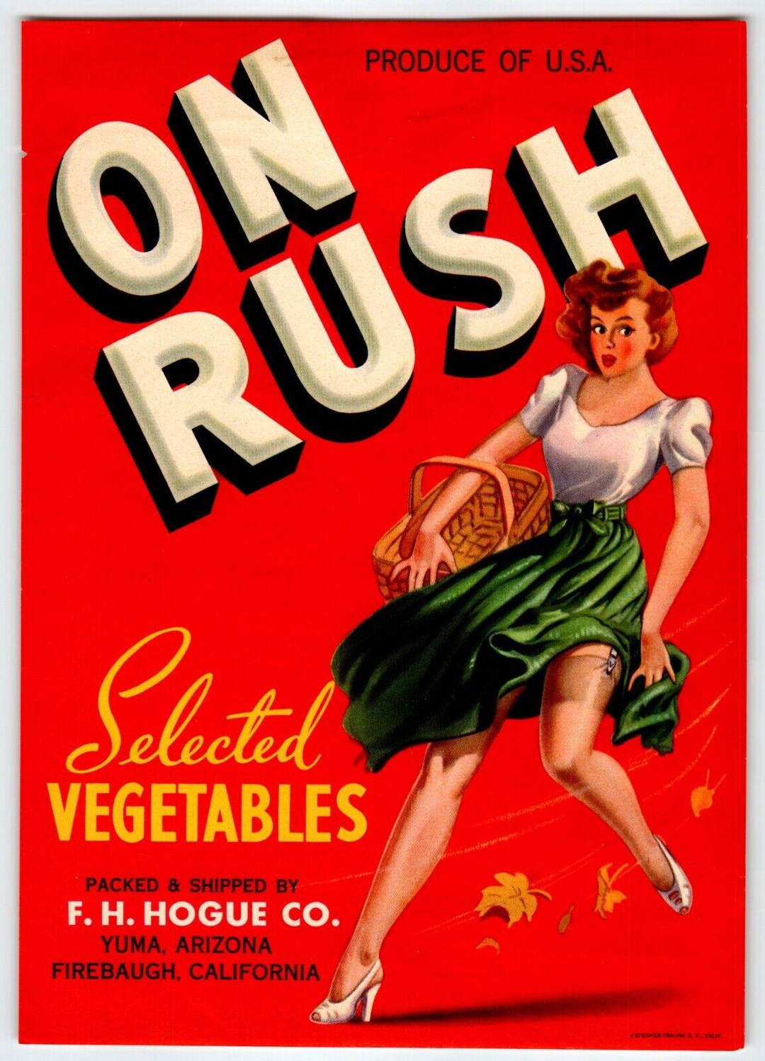 On Rush Sexy Pinup Lady Basket Vegetables Crate Label 1940s Vintage ...