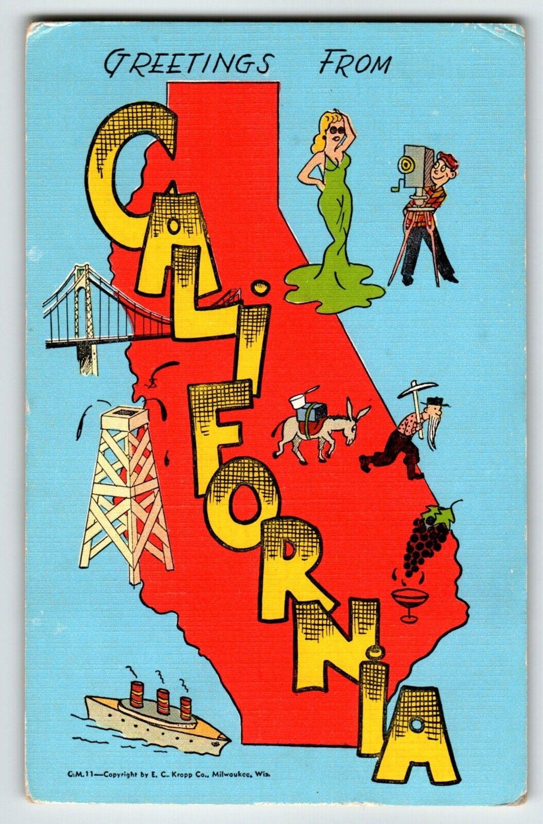 Greetings From California Large Letter Linen Postcard Kropp Oil Ship ...