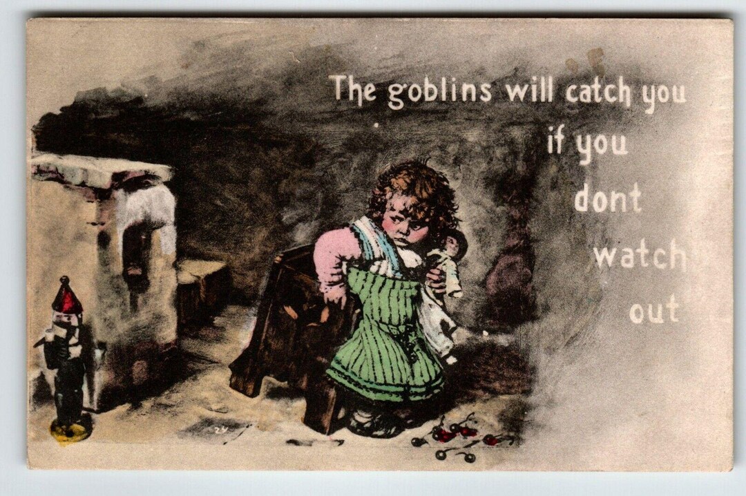 Halloween Postcard the Goblins Will Catch You Girl Doll Nutcracker ...