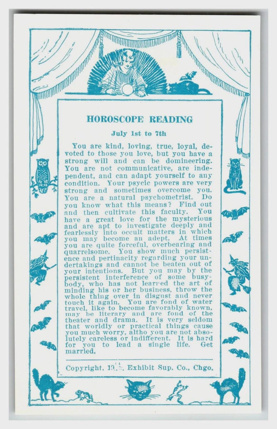 Exhibit Sup. Co. Horoscope Reading Paper Collectible July 1 to 7 - Etsy