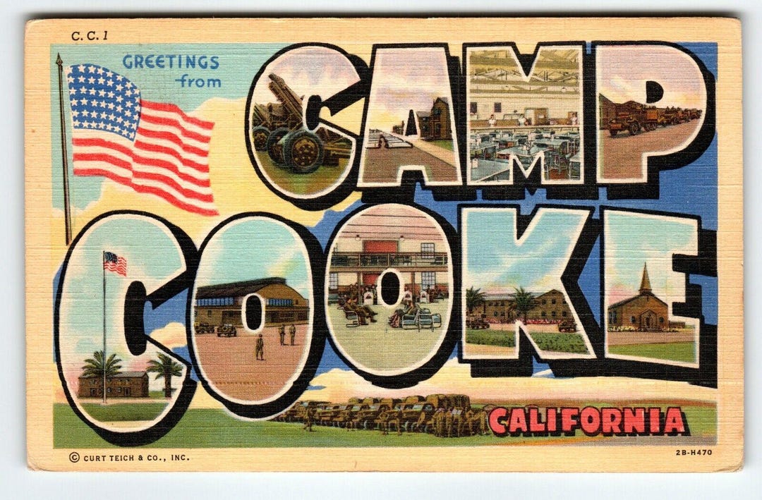 Greetings From Camp Cooke California Large Big Letter Linen Postcard ...