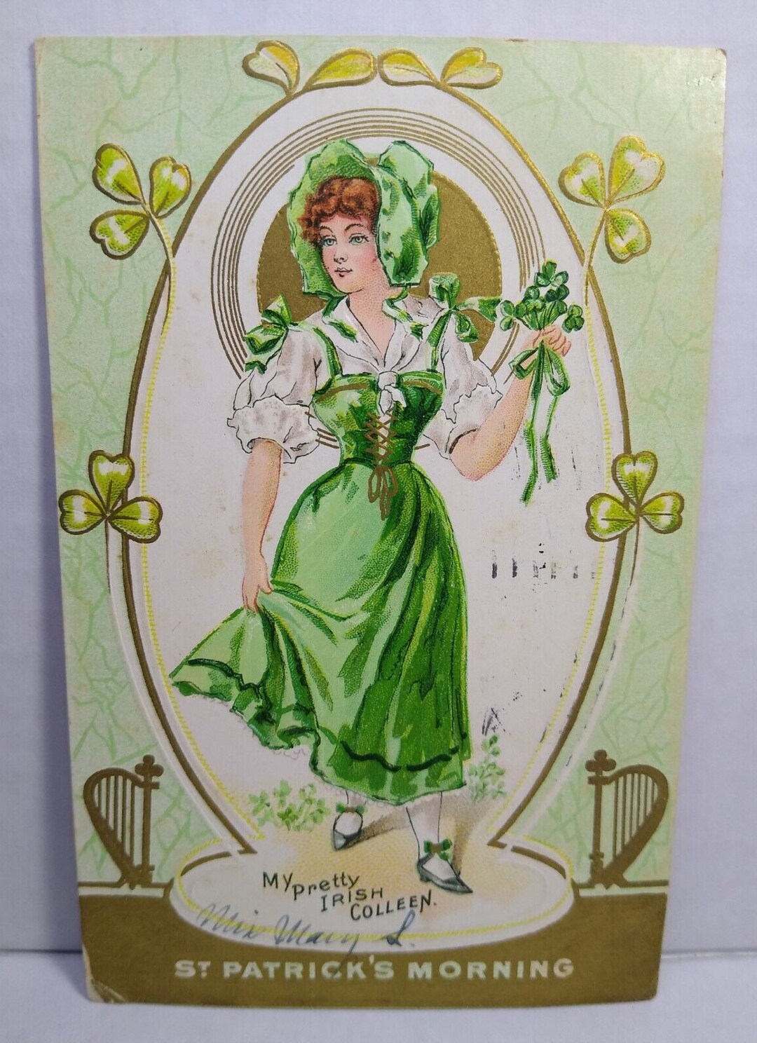 St Patrick's Day Postcard My Pretty Irish Colleen Green Harps Shamrocks ...