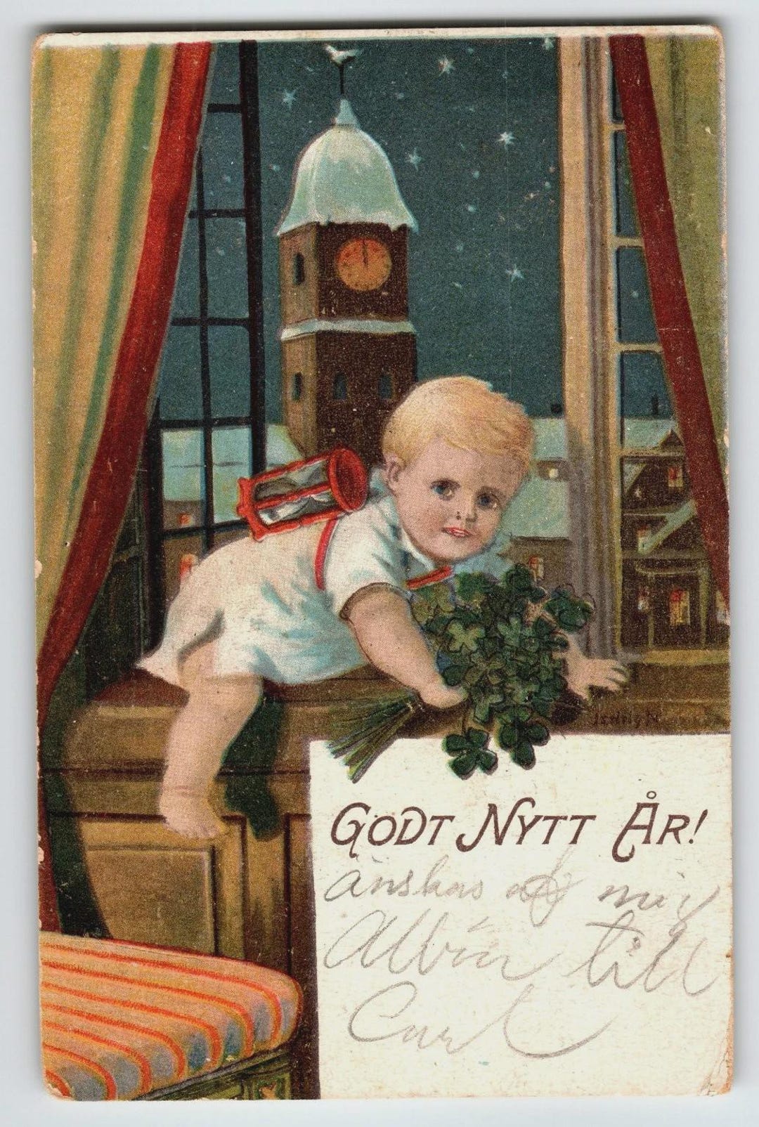 Jenny Nystrom Good News Swedish New Years Postcard Baby With Clover ...