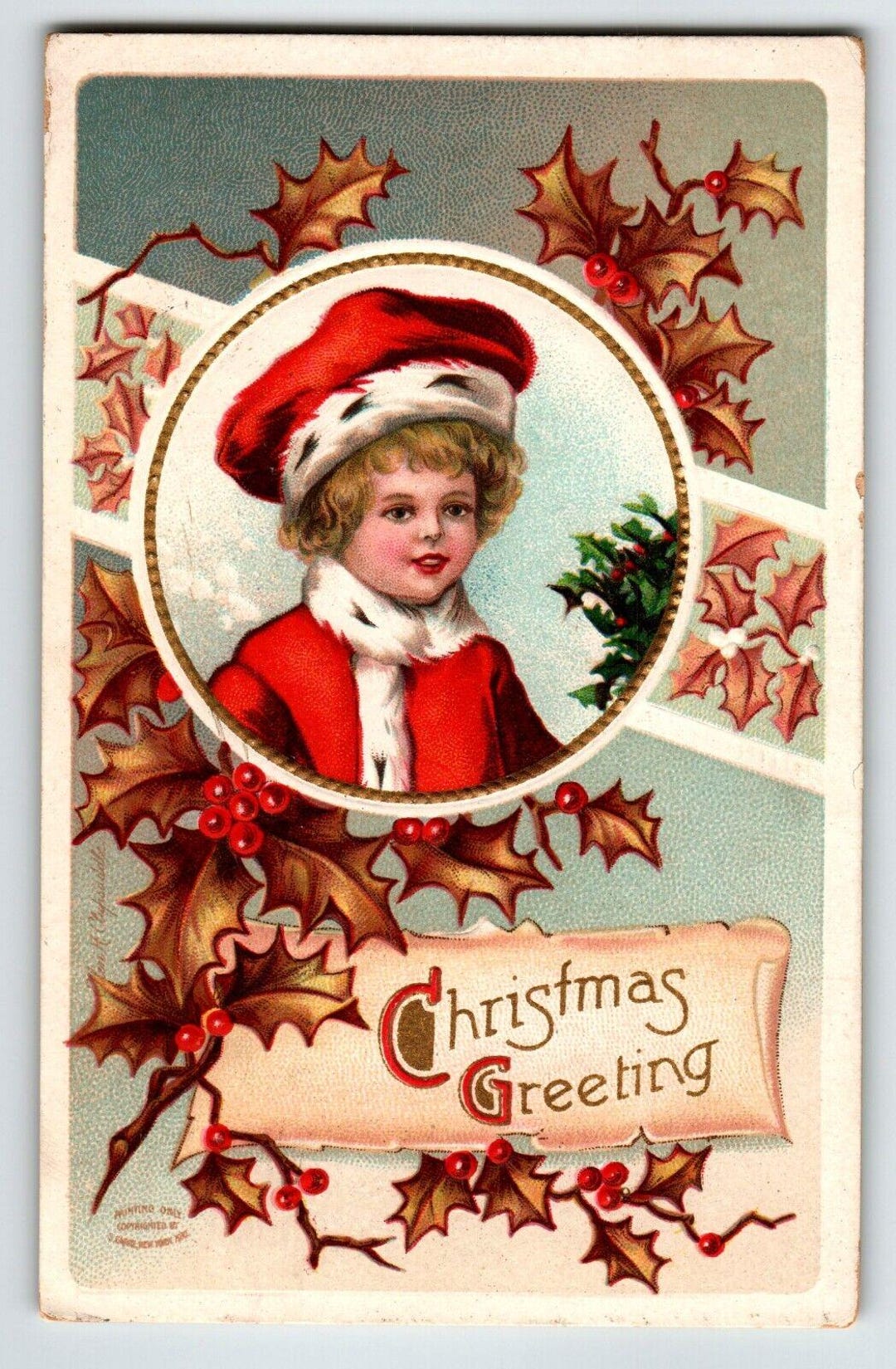 Christmas Postcard Ellen Clapsaddle Girl Holly Leaves 1910 Germany ...