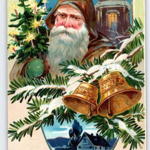 Santa Claus Tuck Christmas Postcard 1900's Brown Coat Tree Church Bells ...