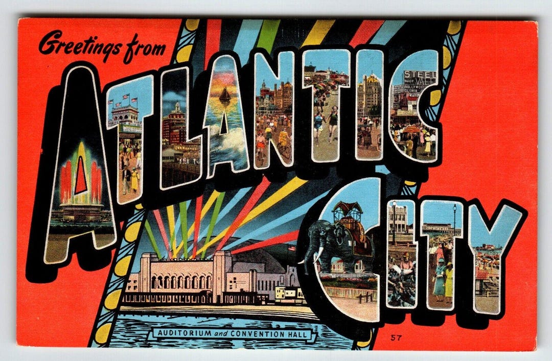 Greetings Atlantic City New Jersey Large Big Letter Linen Postcard Lucy ...