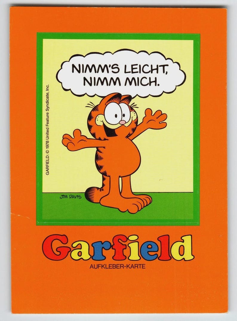 1978 Vintage Garfield Aufkleber-karte Comic Peel off Sticker Front ...