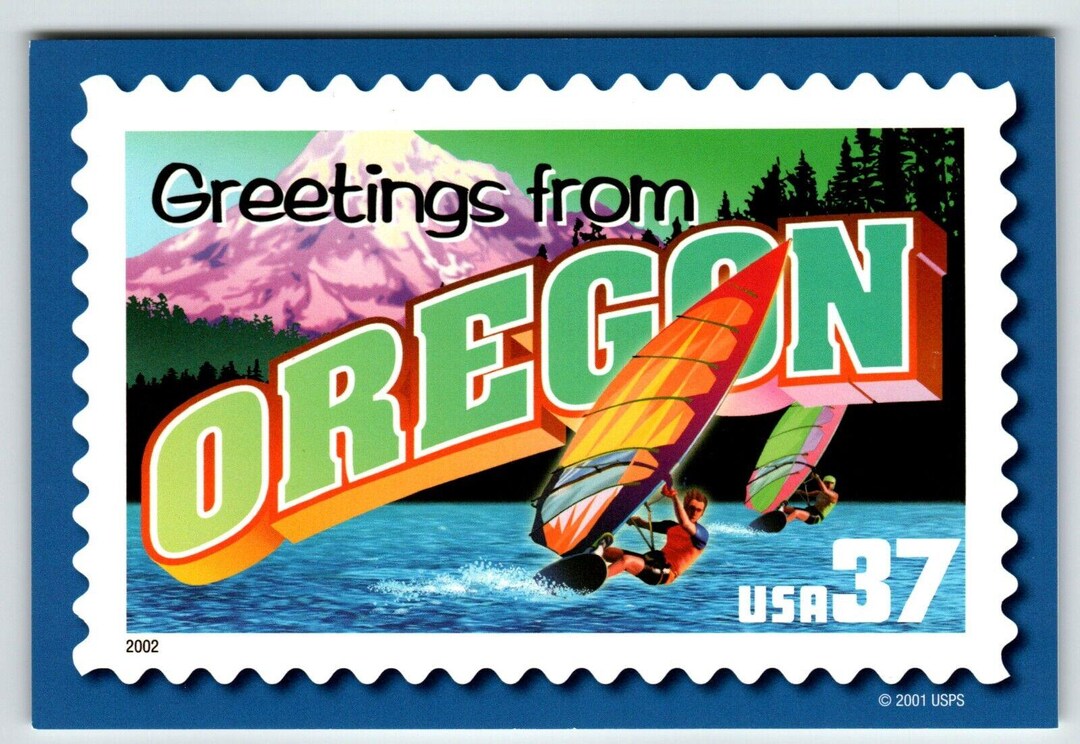 Greetings From Oregon Large Letter Chrome Postcard USPS 2001 Wind Surf ...