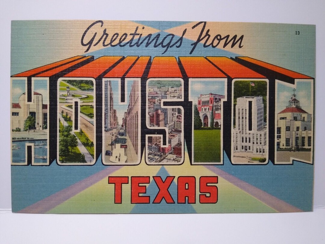 Greetings From Houston Texas Large Letter Linen Postcard Unused Pastel ...