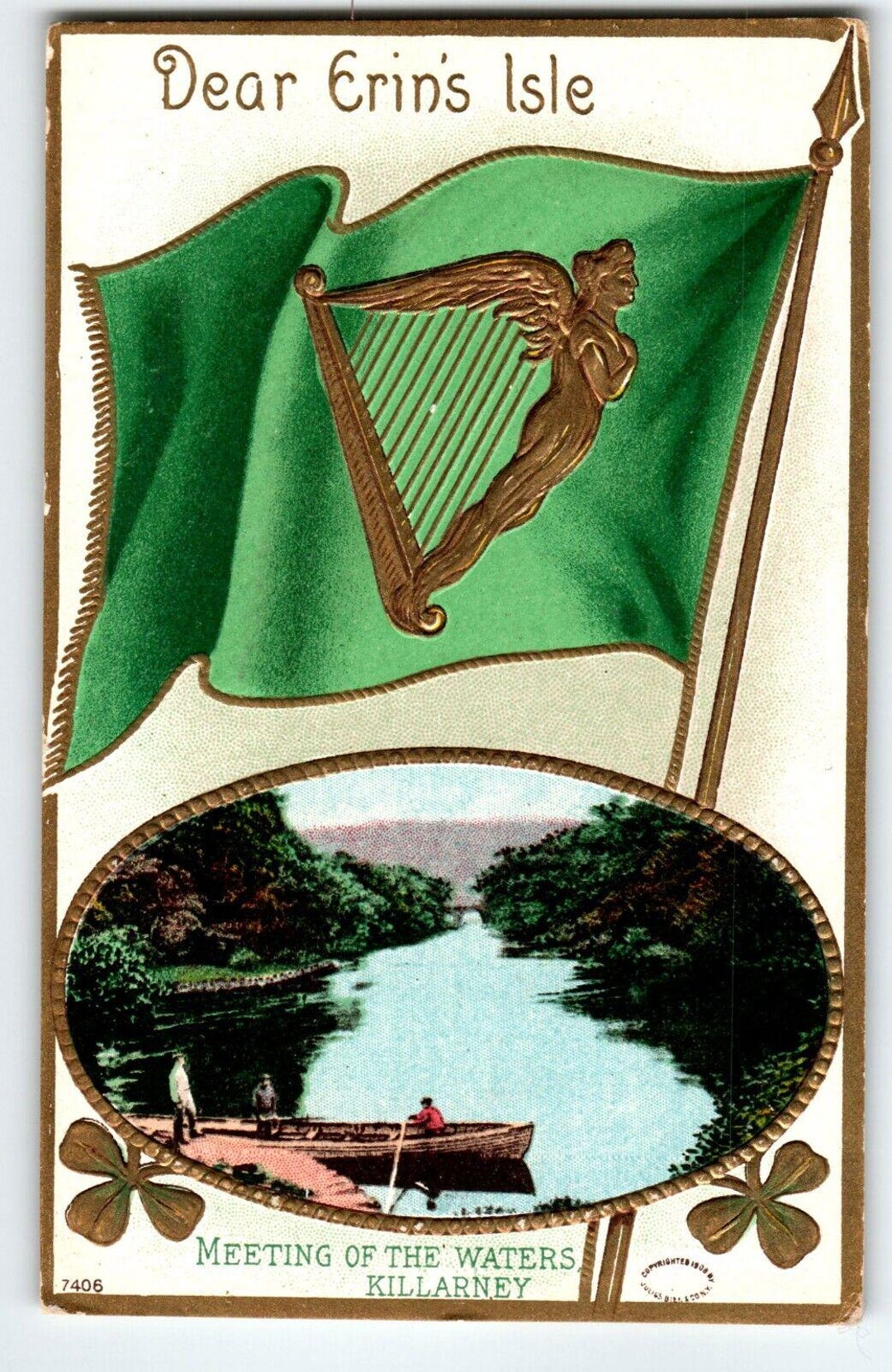 St Patrick's Day Postcard Embossed Harp Flag Killarney Waters Boat ...