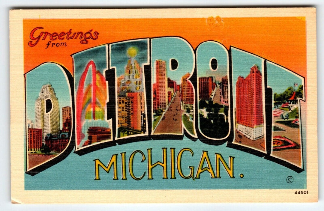 Greetings From Detroit Michigan Large Letter Postcard Linen - Etsy