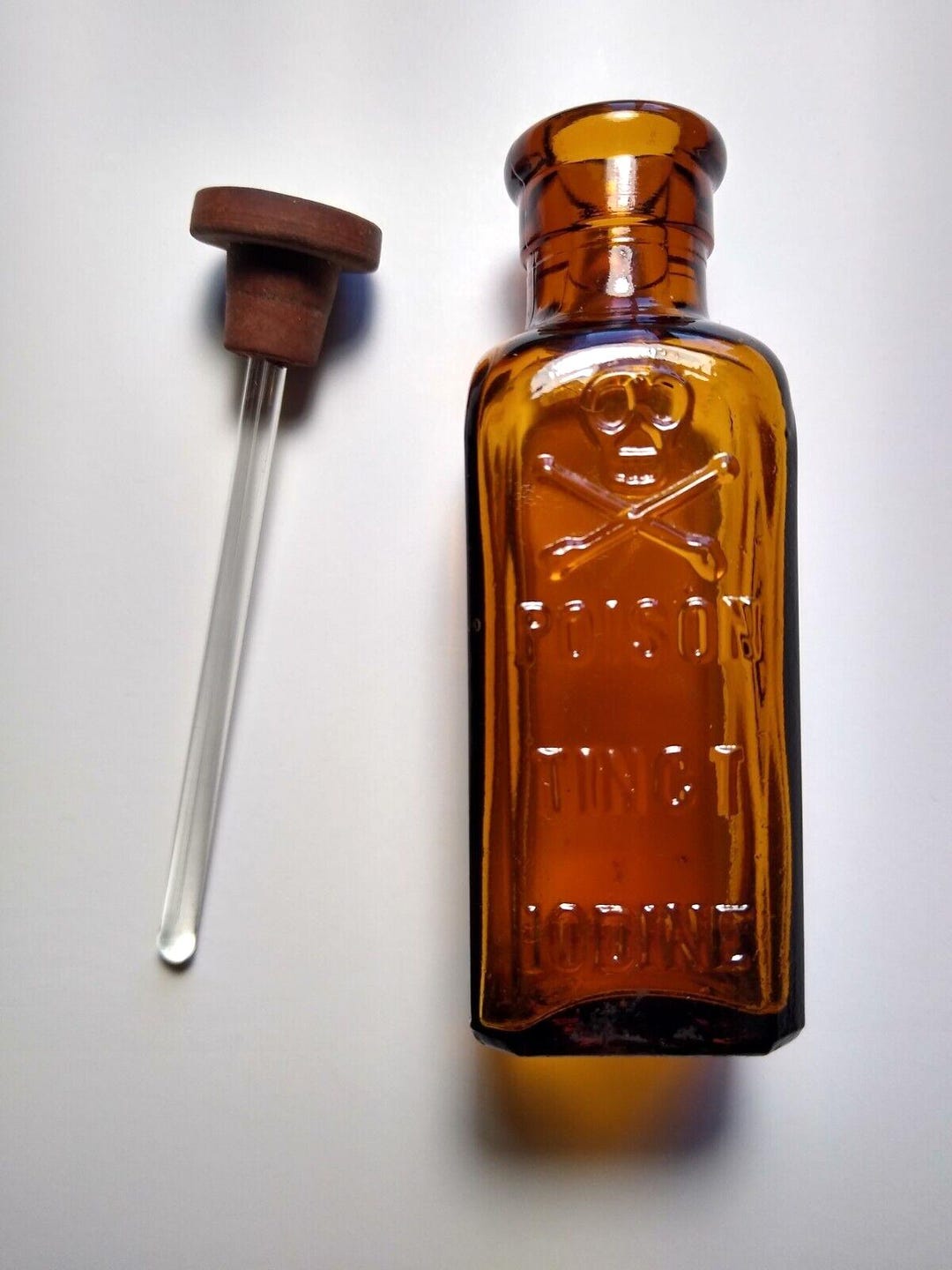 Antique Poison Bottle Amber Brown Glass With Dauber Skull Bones TINCT ...