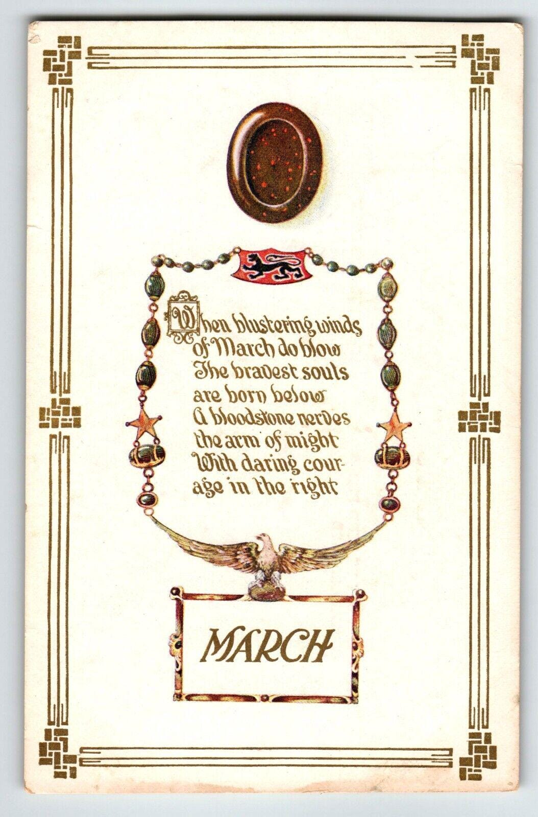 Birthday Greeting Postcard Birthstone Bloodstone March Poem Vintage ...