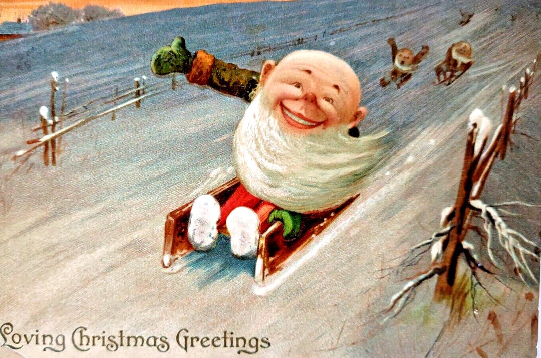 Christmas Postcard Dwarf Gnomes Fantasy Downhill Racing on Sled Tuck ...