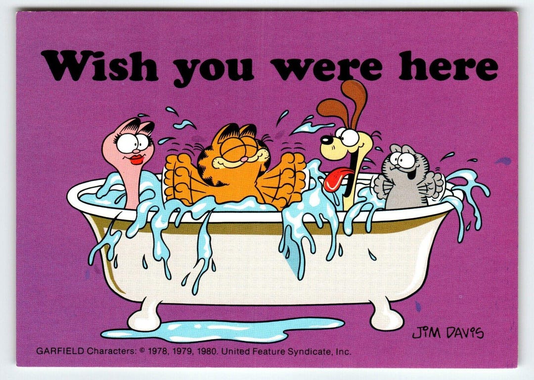 Garfield Cat Postcard Wish You Were Here Bath Tub Friends Jim Davis ...