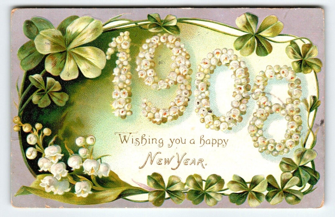 New Year Postcard 1908 Numbers Clovers Flowers Tuck 113 Embossed ...