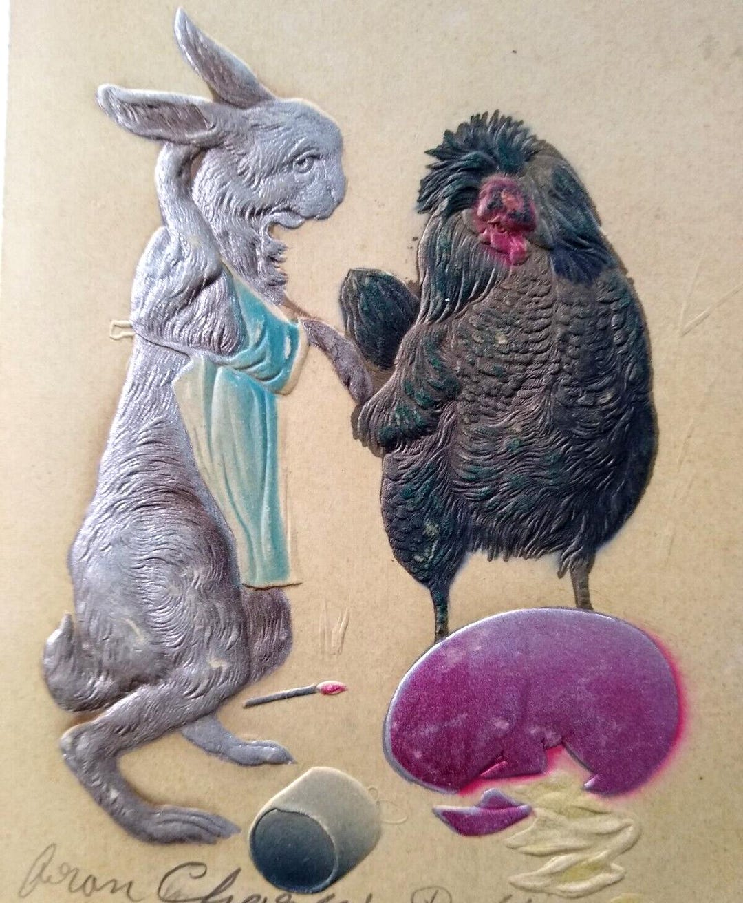 Easter Postcard Dressed Bunny Rabbit Apron Rooster PFB Embossed Hand ...