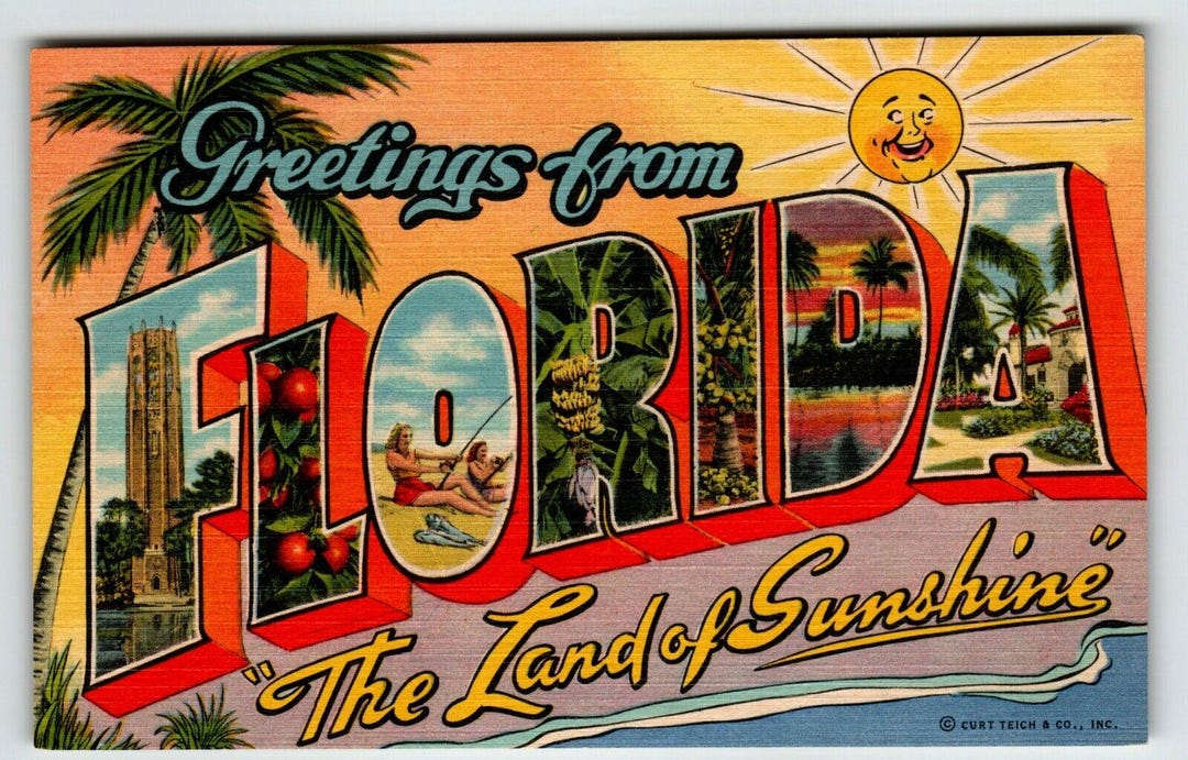 Greetings From Florida Large Letter Linen Land of Sunshine State ...