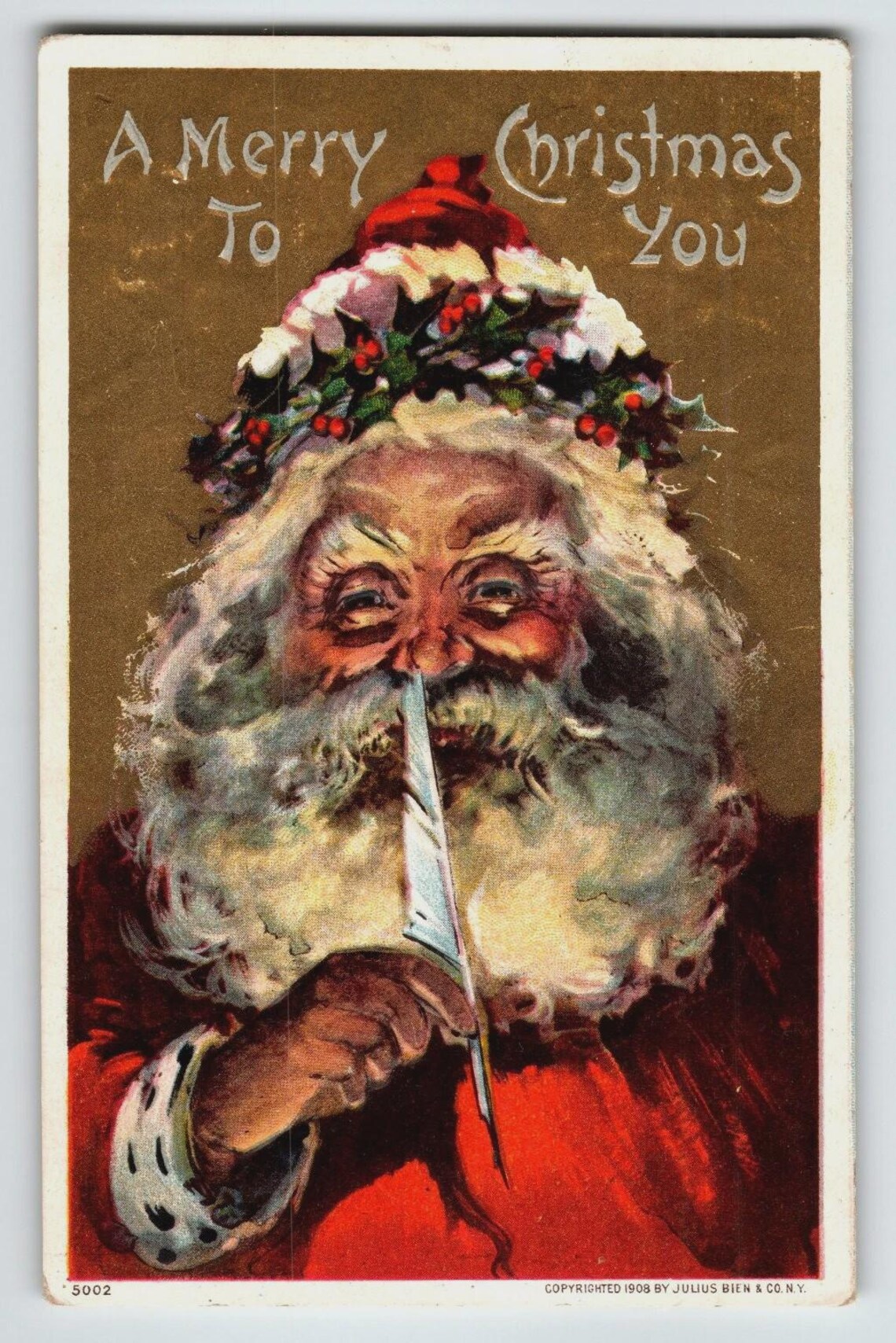 Vintage 1908 Santa Claus Holds Quill Pen Christmas Postcard by Julius ...