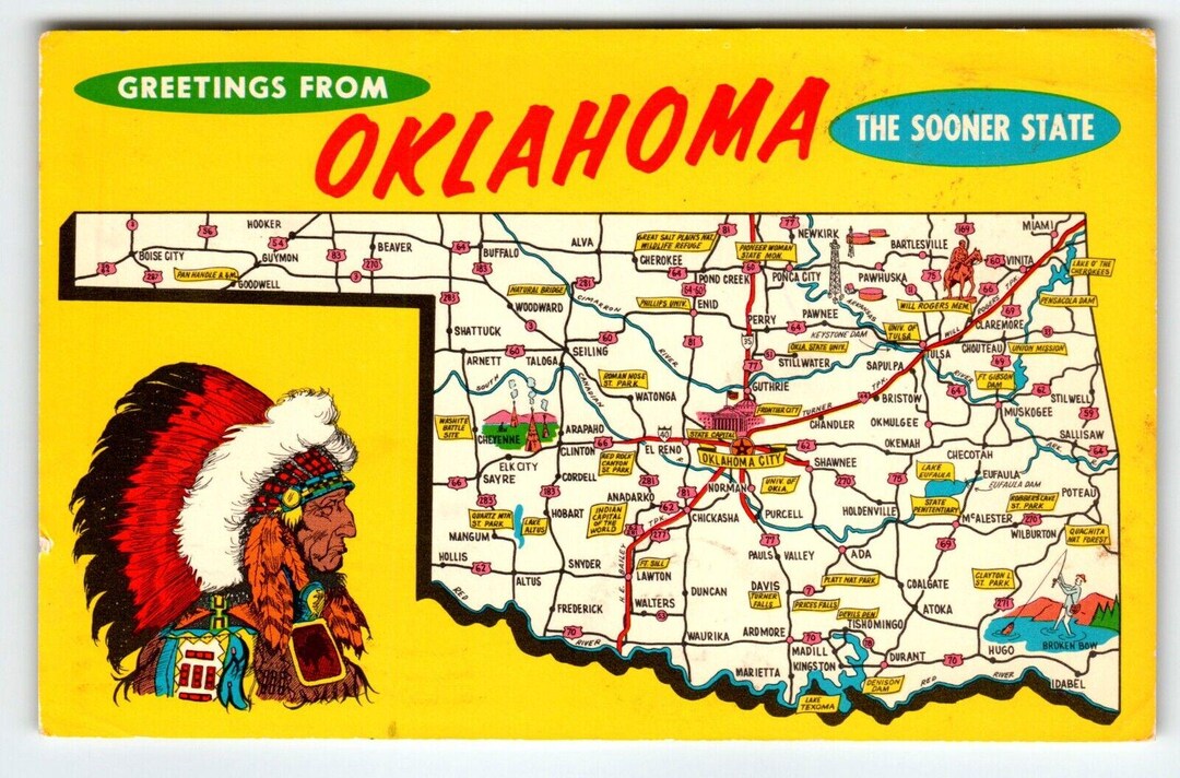 Greetings From Oklahoma Map Postcard Sooner State Postcard Crocker ...