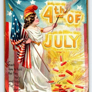 4th of July Postcard Lady Liberty Girl Firecrackers Independance Day ...