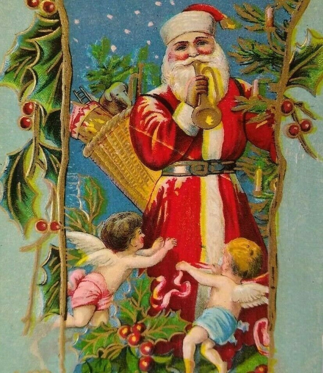 Santa Claus Father Christmas Postcard Cherub Angels Trumpet - Etsy