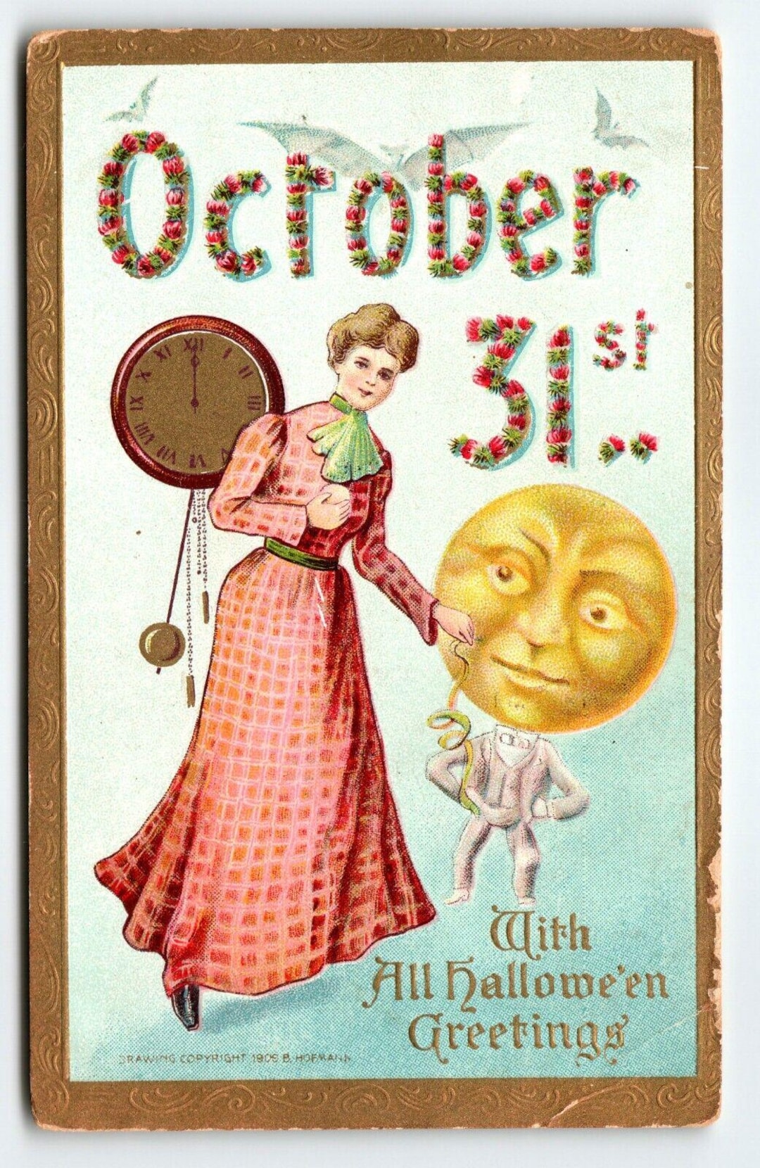 Halloween Postcard 1909 Dressed Goblin Moon Head Anthropomorphic 2097 ...