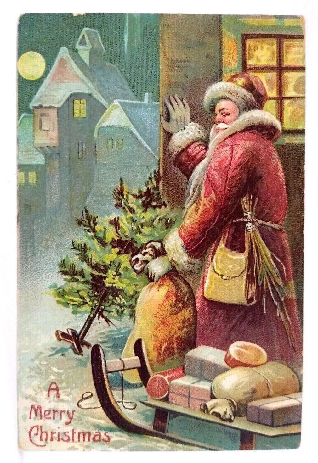 Santa Claus Christmas Postcard Old World Full Moon Village - Etsy
