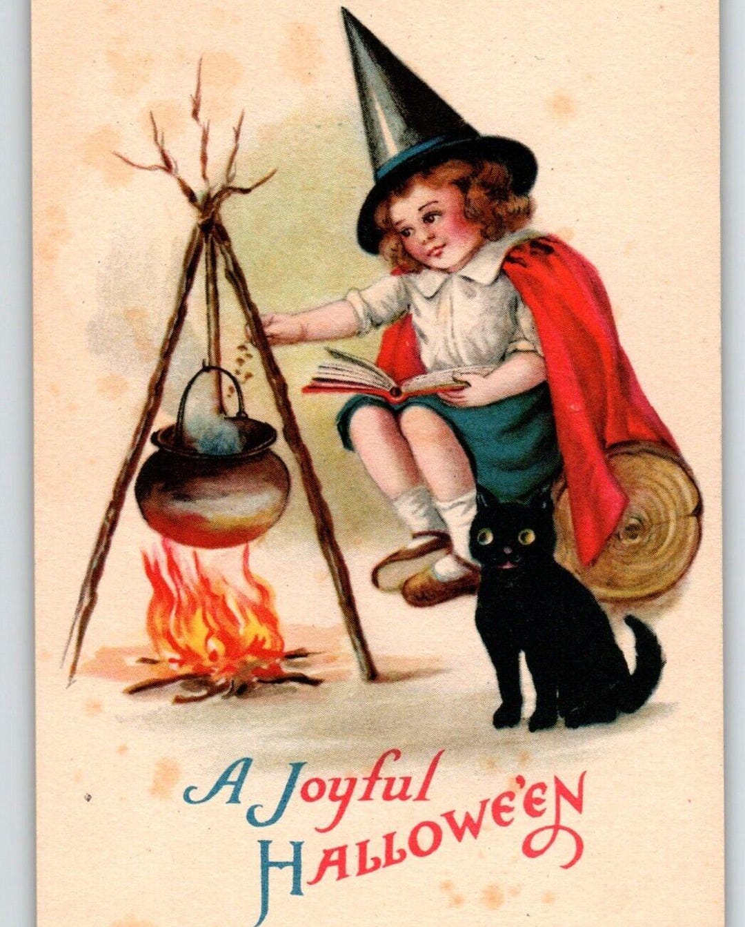 Halloween Postcard Ellen Clapsaddle Girl Witch Caldron Black Cat Wolf ...