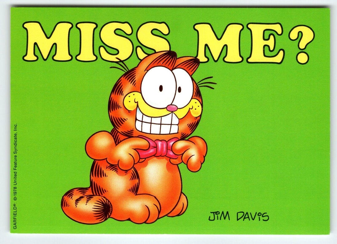 Miss Me Garfield Cat Postcard Jim Davis Comic Orange Tabby Cartoon 1978 ...