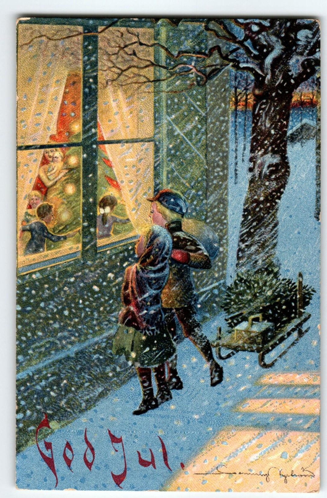 God Jul Swedish Children Christmas Tree Sled Antique Postcard Granbergs ...