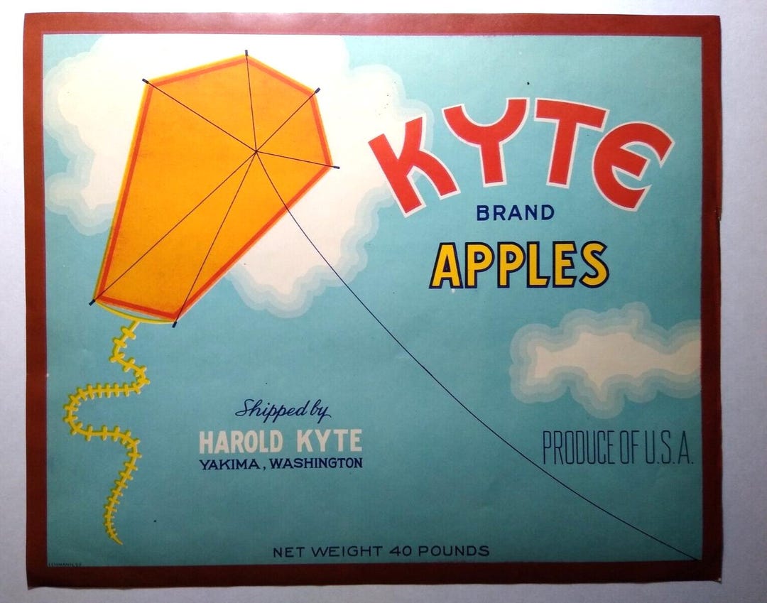 Kyte Brand Apple Fruit Crate Kite Label 1940s Vintage Original Yakima ...