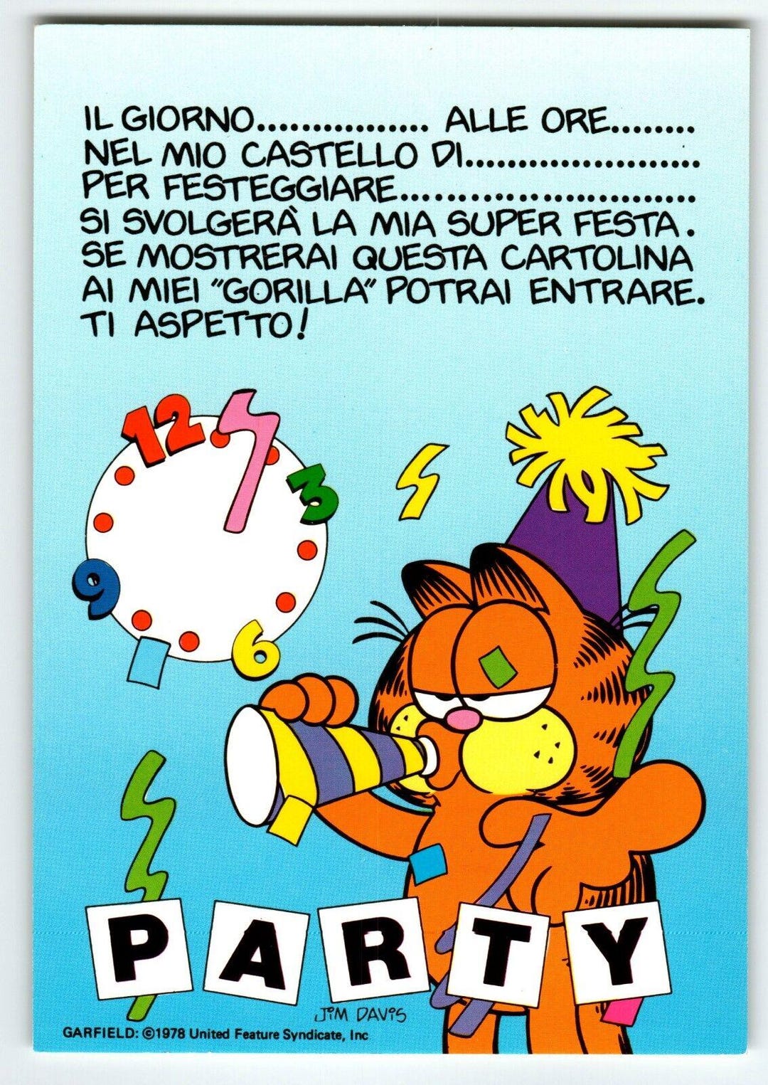 Garfield Italy Postcard Party Invite Orange Tabby Cat Celebration Jim ...