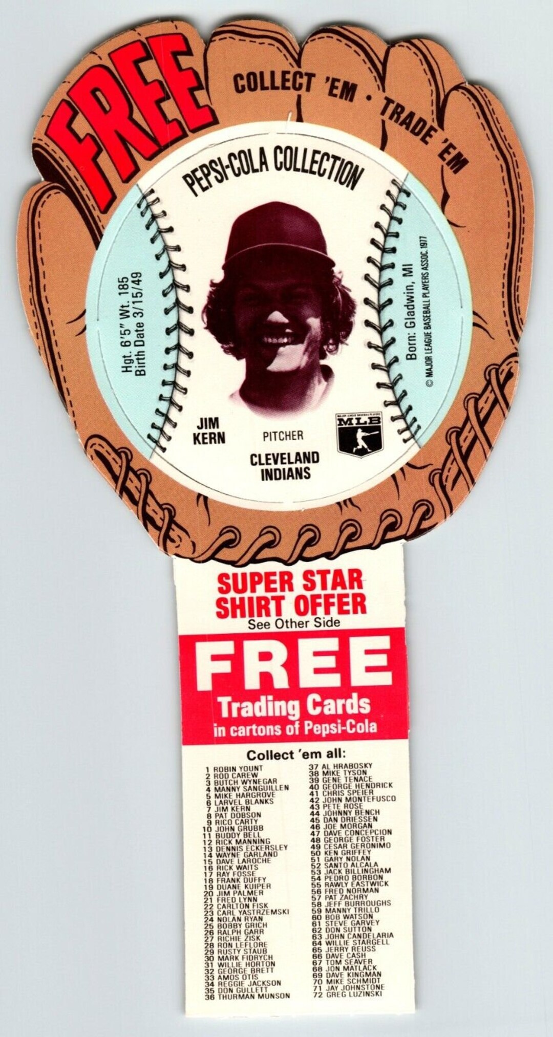 Pepsi Baseball Trading Card 1977 Jim Kern Cleveland Indians MLB Diecut ...