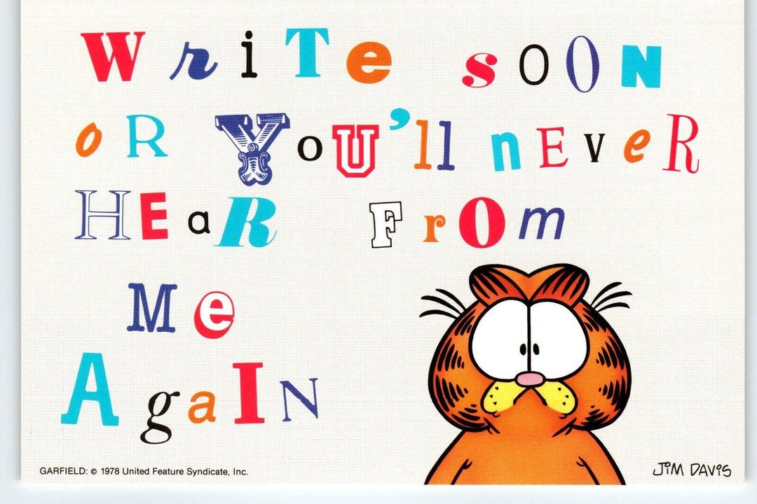 Garfield Write Soon or Sad Cat Postcard Greetings Jim Davis Orange ...