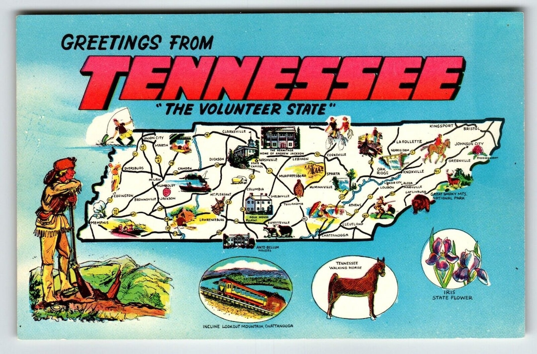 Postcard Greetings From Tennessee Map Chrome Volunteer State Walking ...