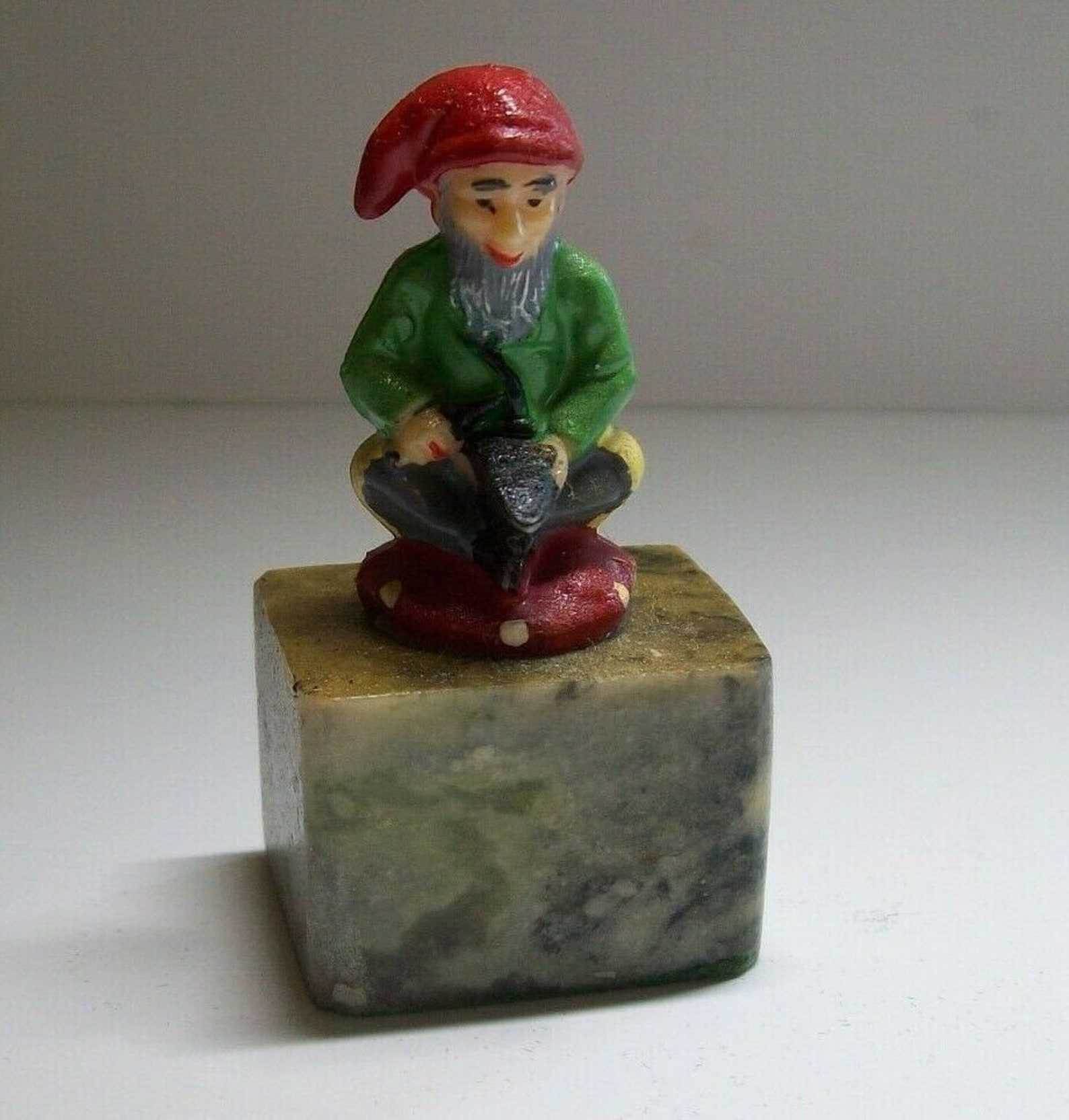 Gnome Seated on Mushroom Marble Base Elf Figure Vintage Unique Figurine ...